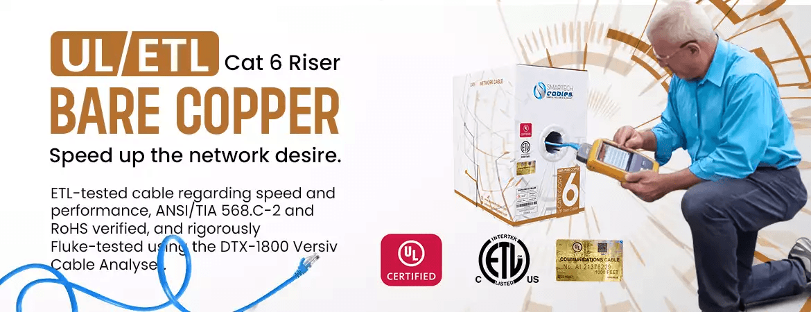 ETL-Listed Cat6 Riser Pure Copper Cable 550 MHz 23 AWG | STC